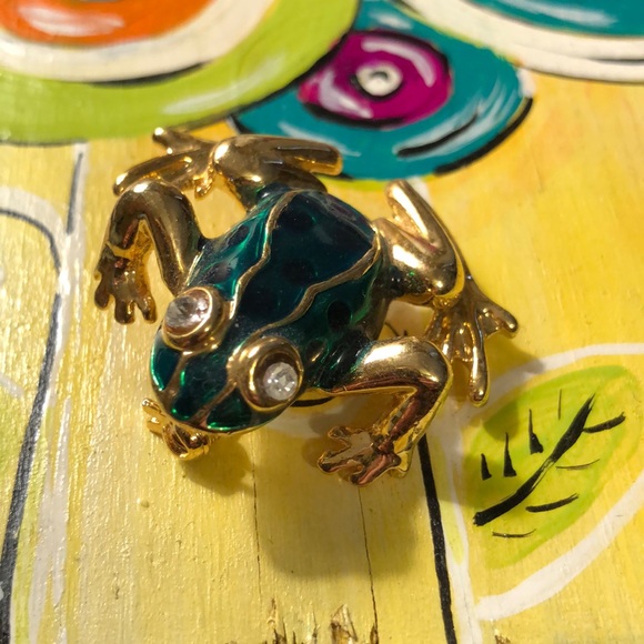Jewelry | Green And Gold Enamel Frog Pin Brooch With Rhinestone Eyes ...